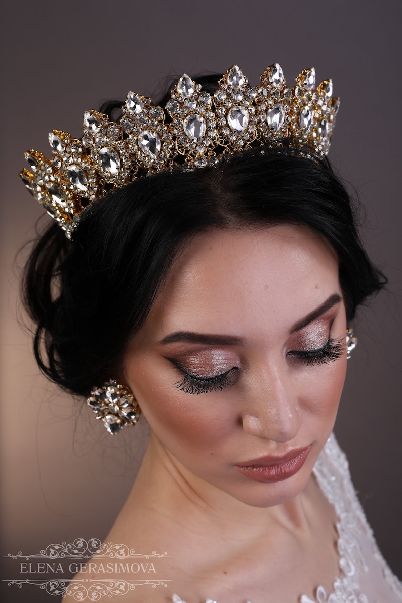 Weddinq Crystal Crown gold Crown rhinestones Tiara Bridal | Etsy
