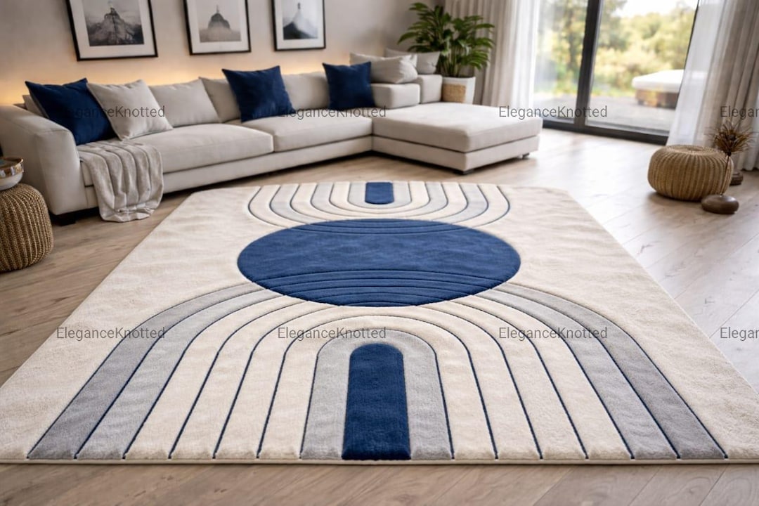 Modern Abstract Arch Rug, Blue and Grey Geometric Area Rug, Hand Tufted ...