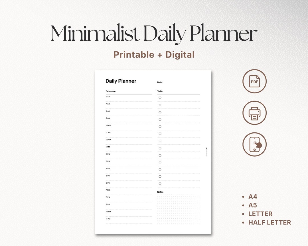 Minimalist Daily Planner Printable Digital Schedule Template 4 Sizes ...
