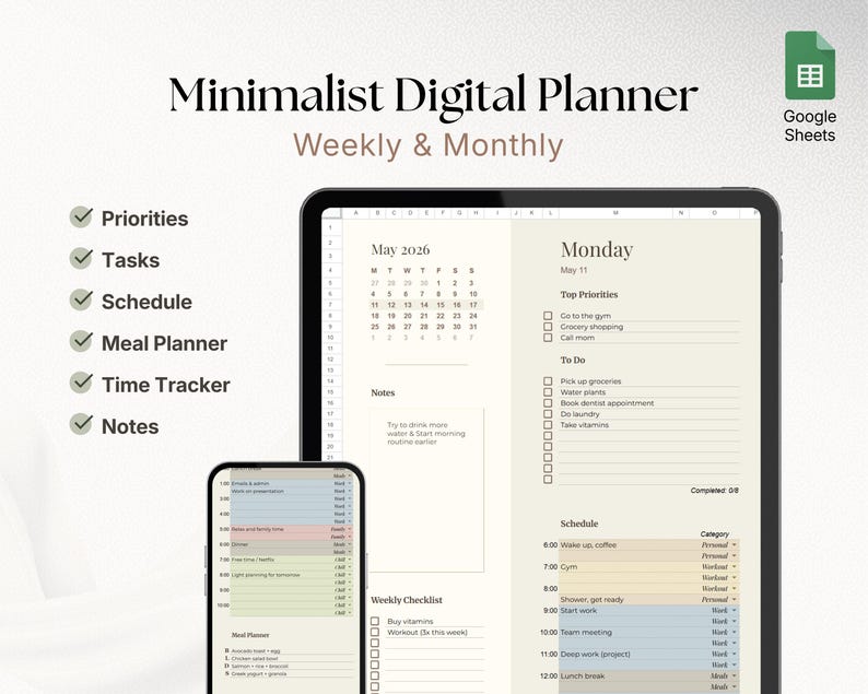 Minimalist Digital Planner | Weekly, Monthly Schedule (google Sheets ...