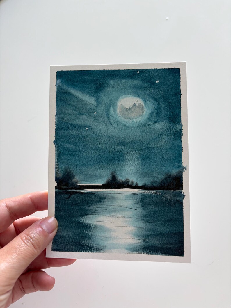 A6 Watercolor Moon Landscape Print, Blue Night Sky Art, Quiet Water ...