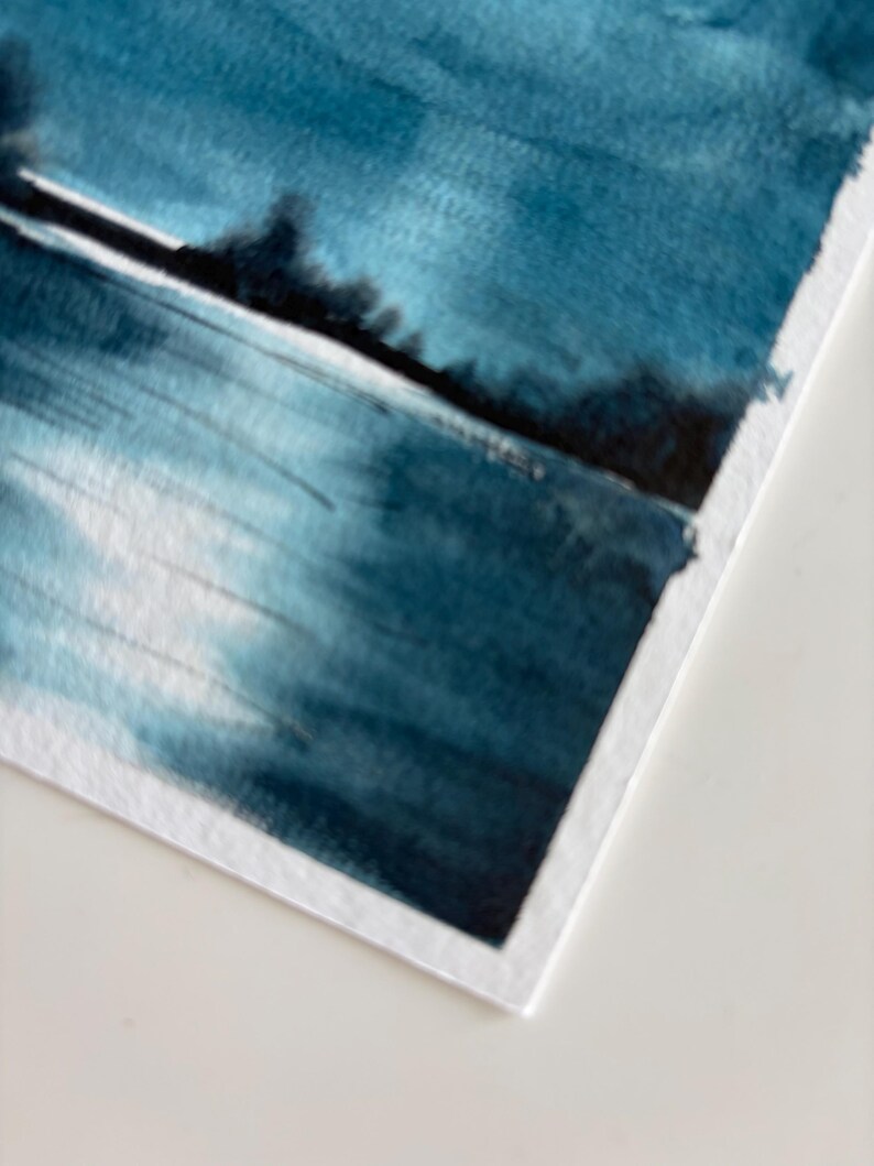 A6 Watercolor Moon Landscape Print, Blue Night Sky Art, Quiet Water ...
