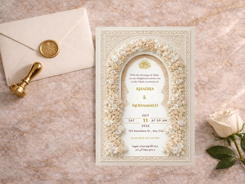 Modern Islamic Wedding Invitation Template, Elegant Gold Floral Nikah ...