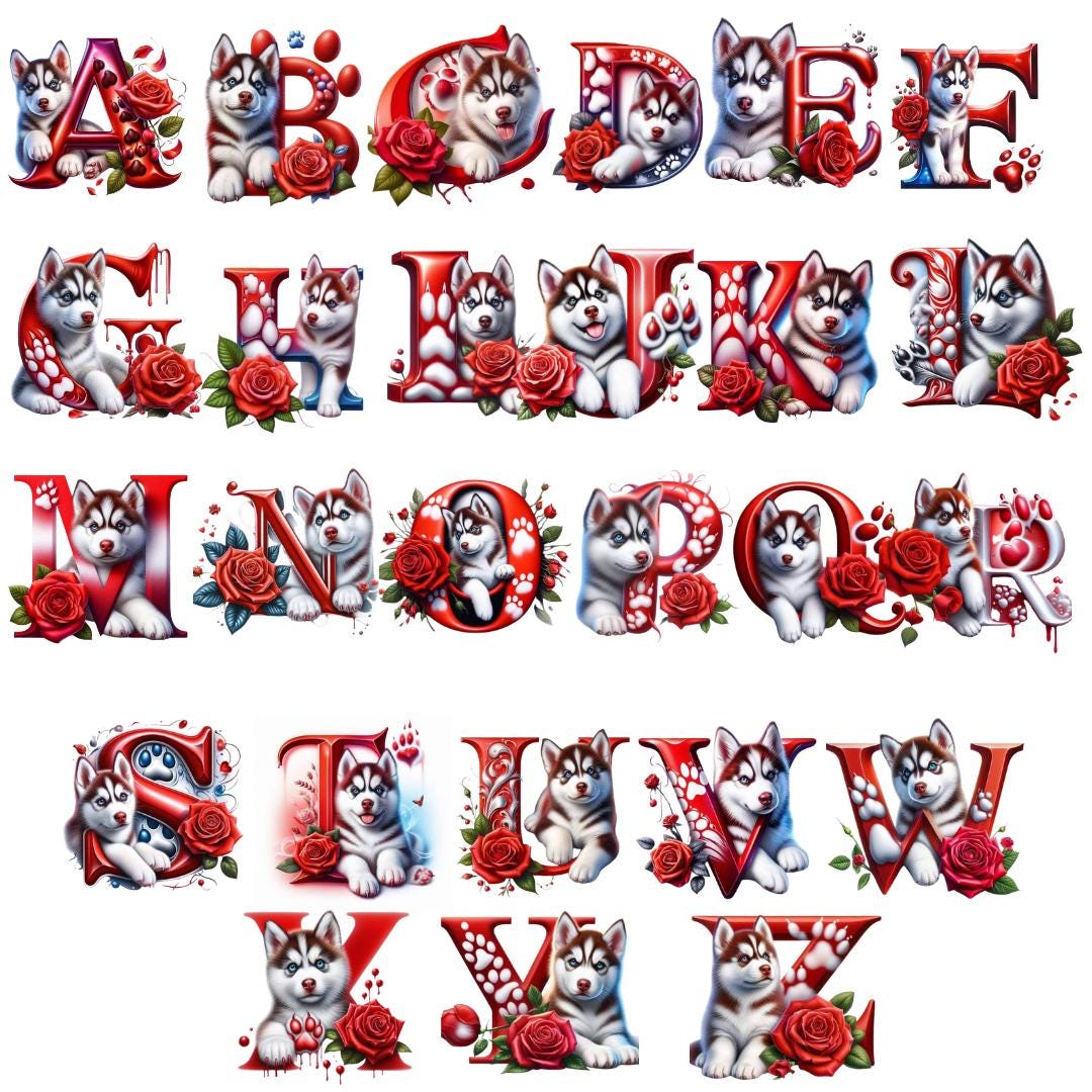 Red Flower Dog Alphabet PNG, Floral Husky Letters Clipart, Watercolor ...