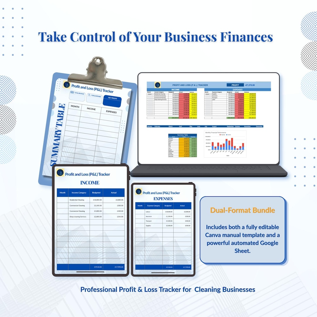 Cleaning Business P&L Tracker, Google Sheets and Canva Template ...