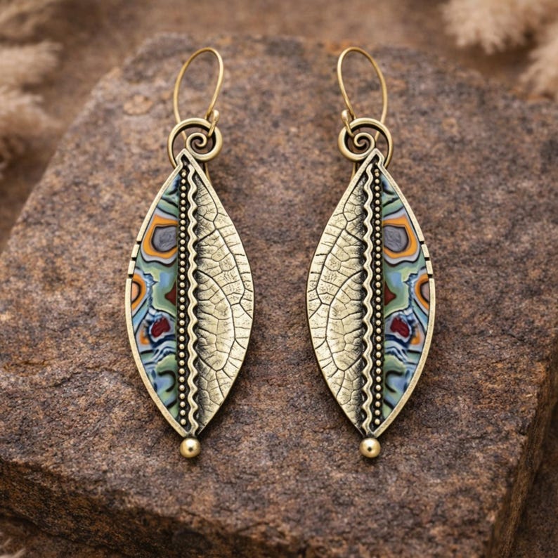Boho Leaf Dangle Earrings Silver Tone Ethnic Statement Drop Jewelry for ...