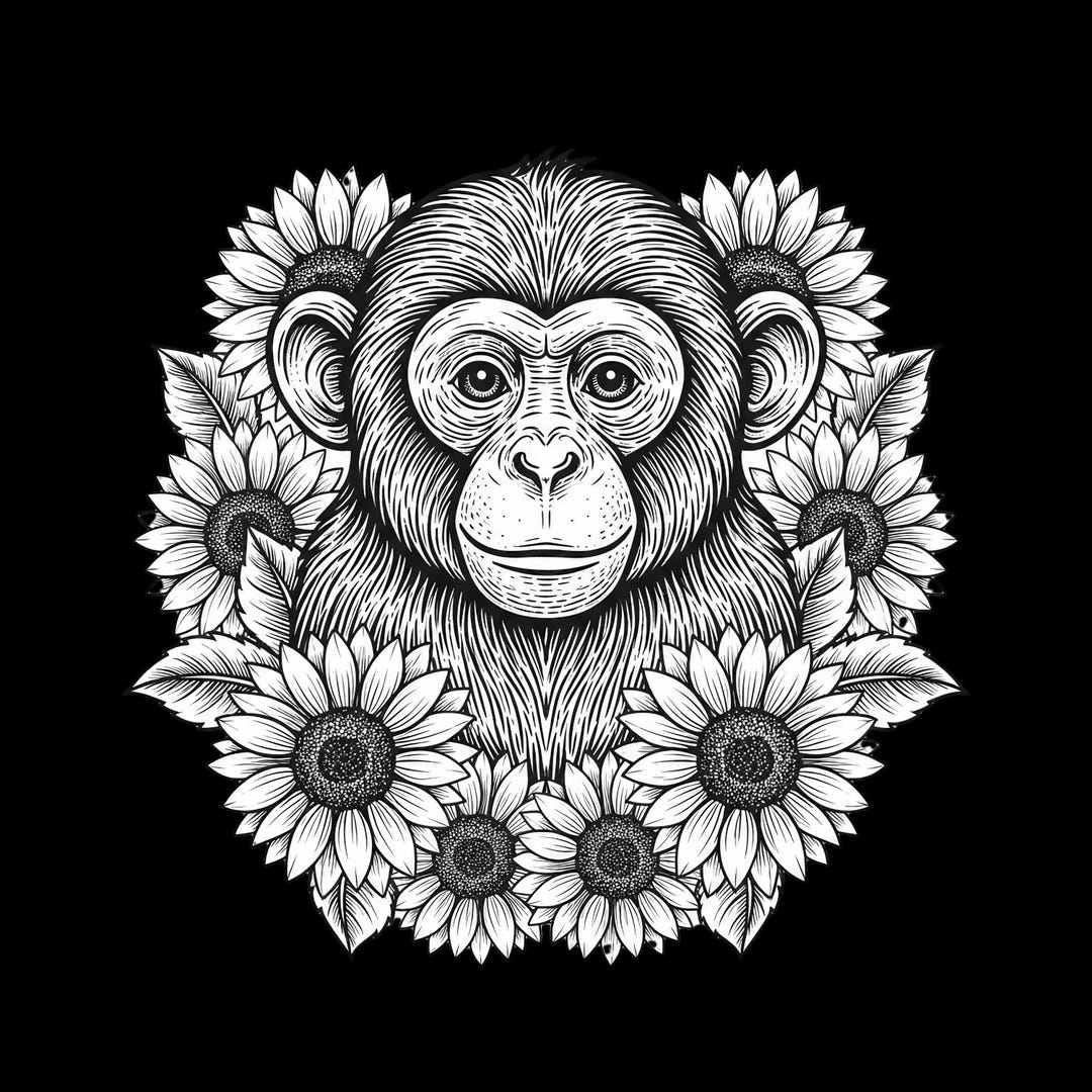 Monkey Sunflower Digital Art, PNG SVG File, Chimpanzee Floral Clipart ...
