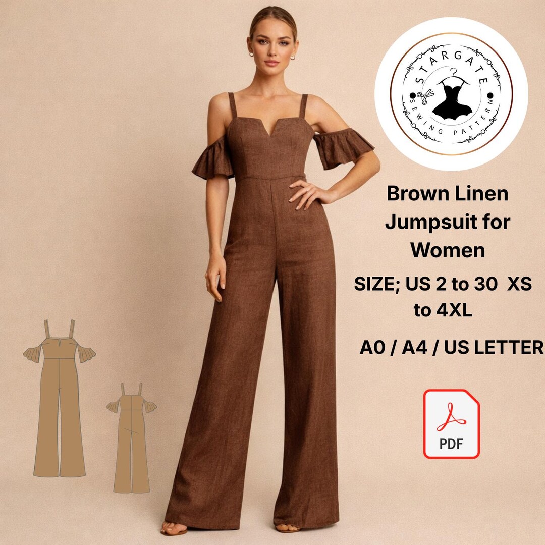 Brown Linen Jumpsuit Sewing Pattern, Wide Leg Boho Romper (digital ...