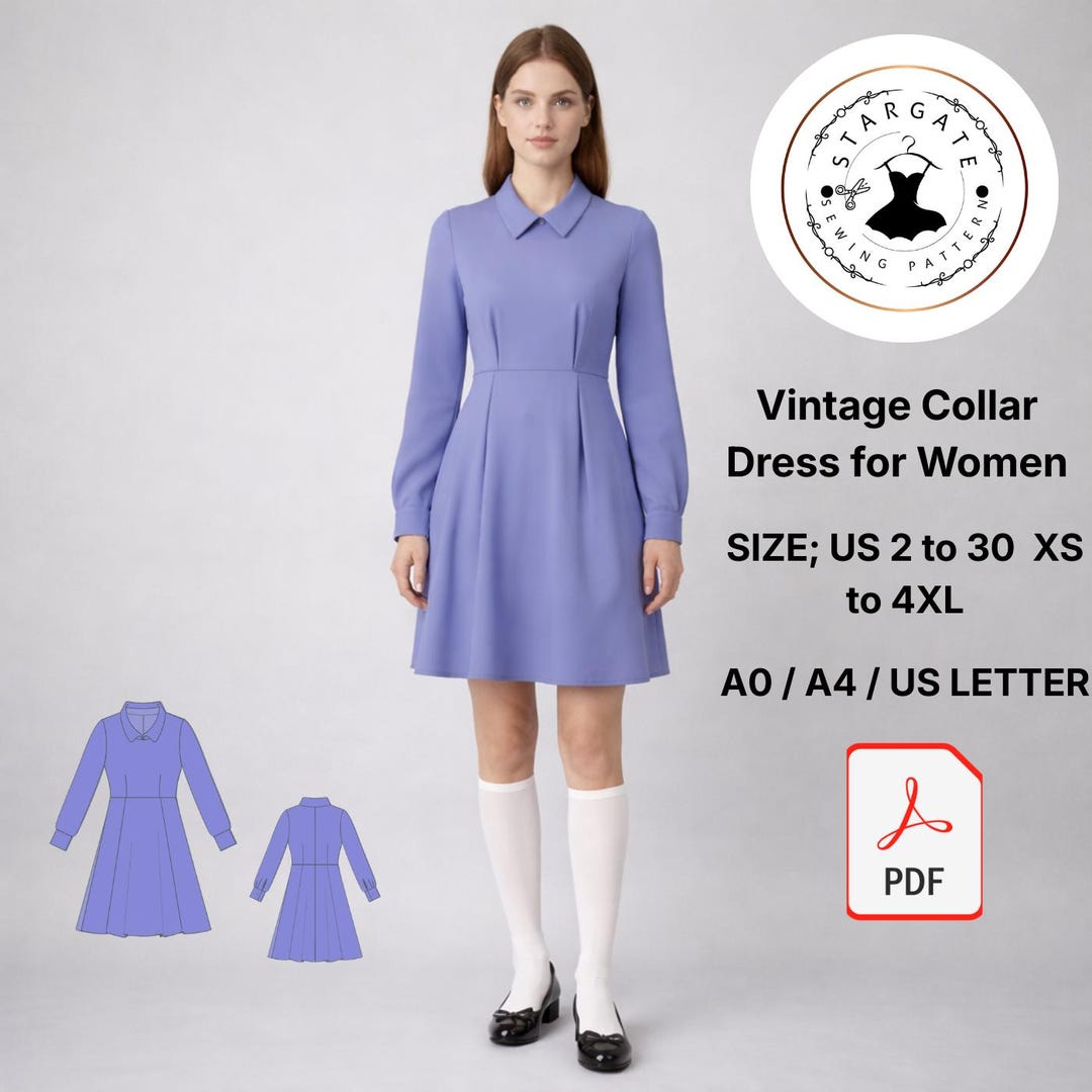 Vintage Collar Dress Sewing Pattern – Long Sleeve A Line (digital ...