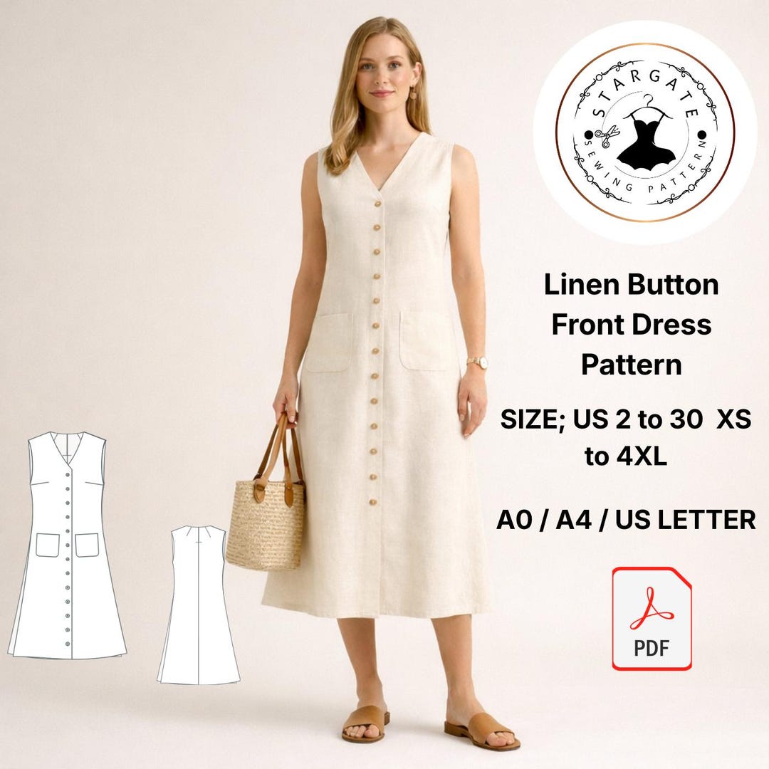 Linen Button Front Midi Dress Sewing Pattern (PDF) - Etsy