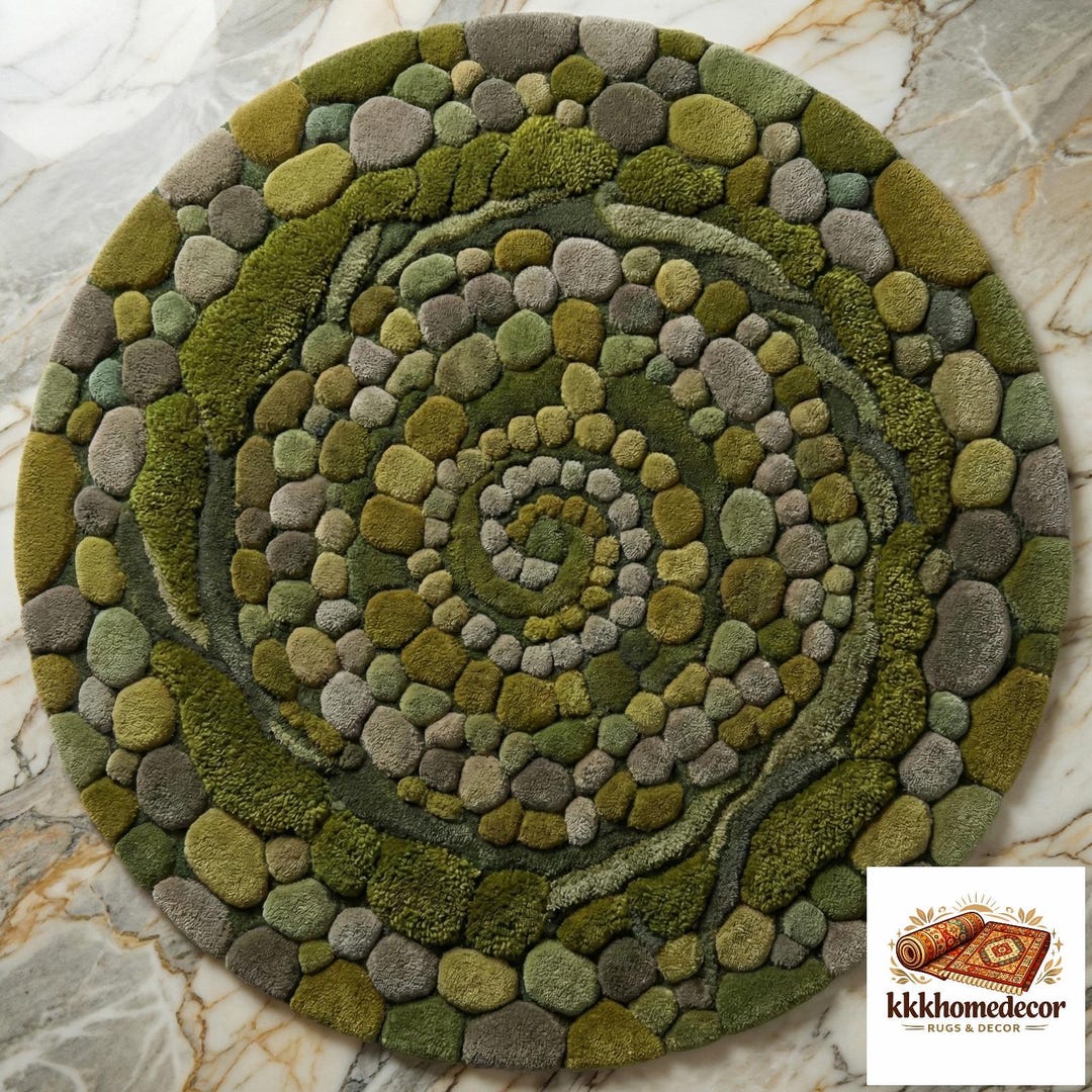 Hand-tufted 3D Moss Pebble Round Rug | New Zealand Wool Forest Green ...