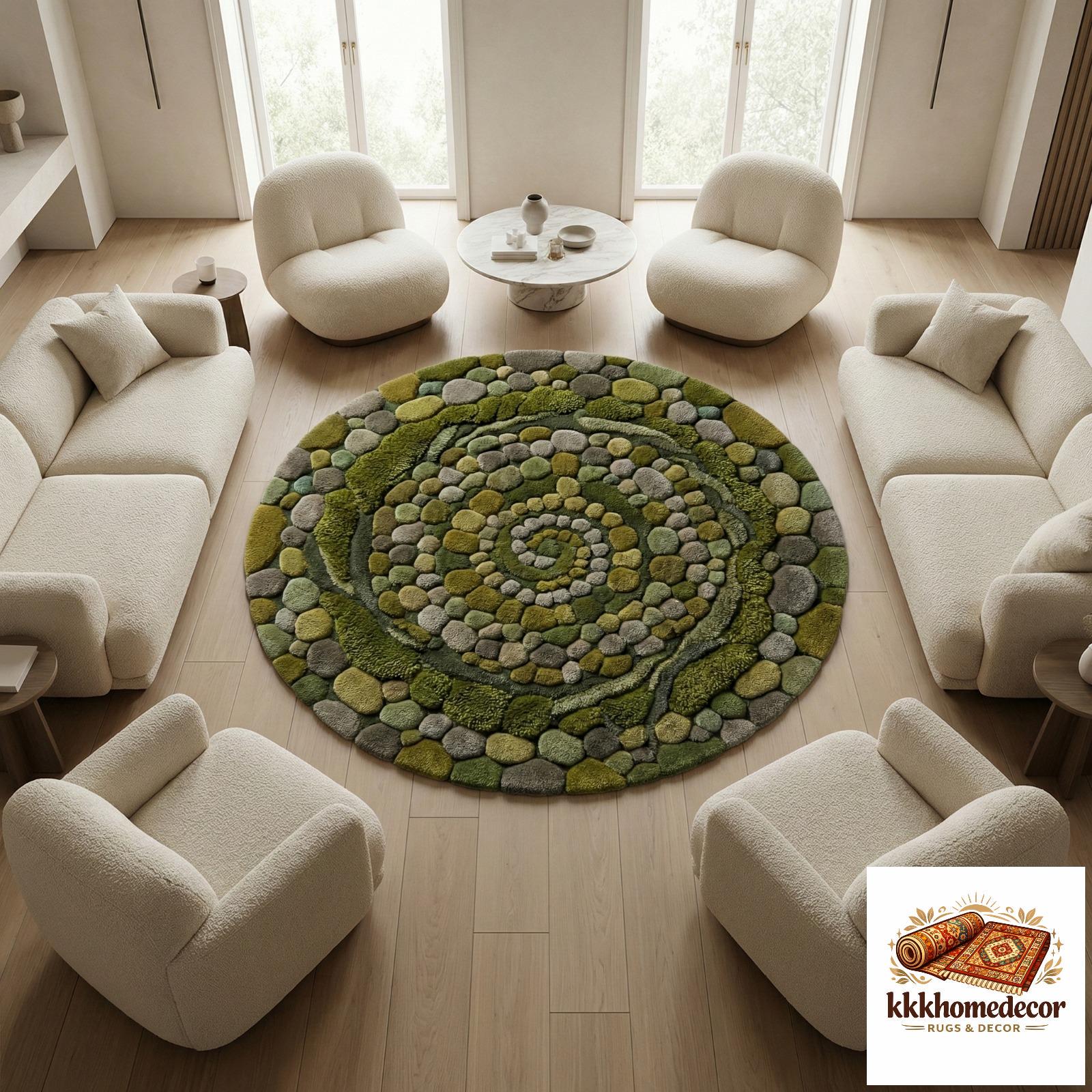 Hand-tufted 3D Moss Pebble Round Rug | New Zealand Wool Forest Green ...