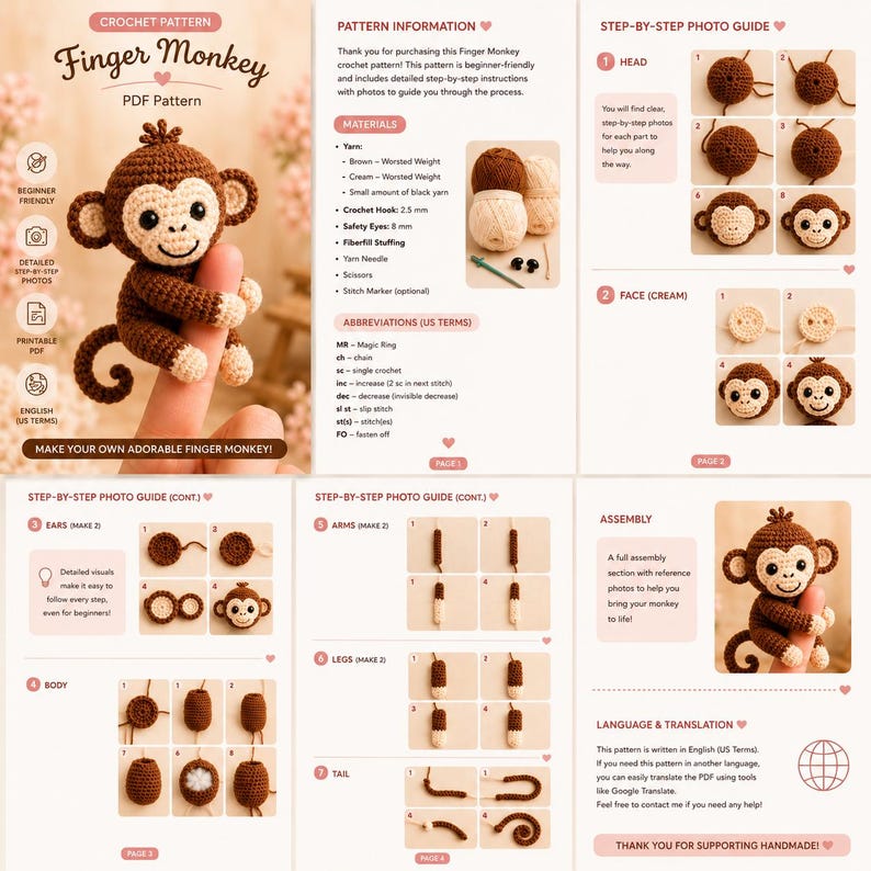Finger Monkey Crochet Pattern PDF | Tiny Hugging Amigurumi Monkey ...