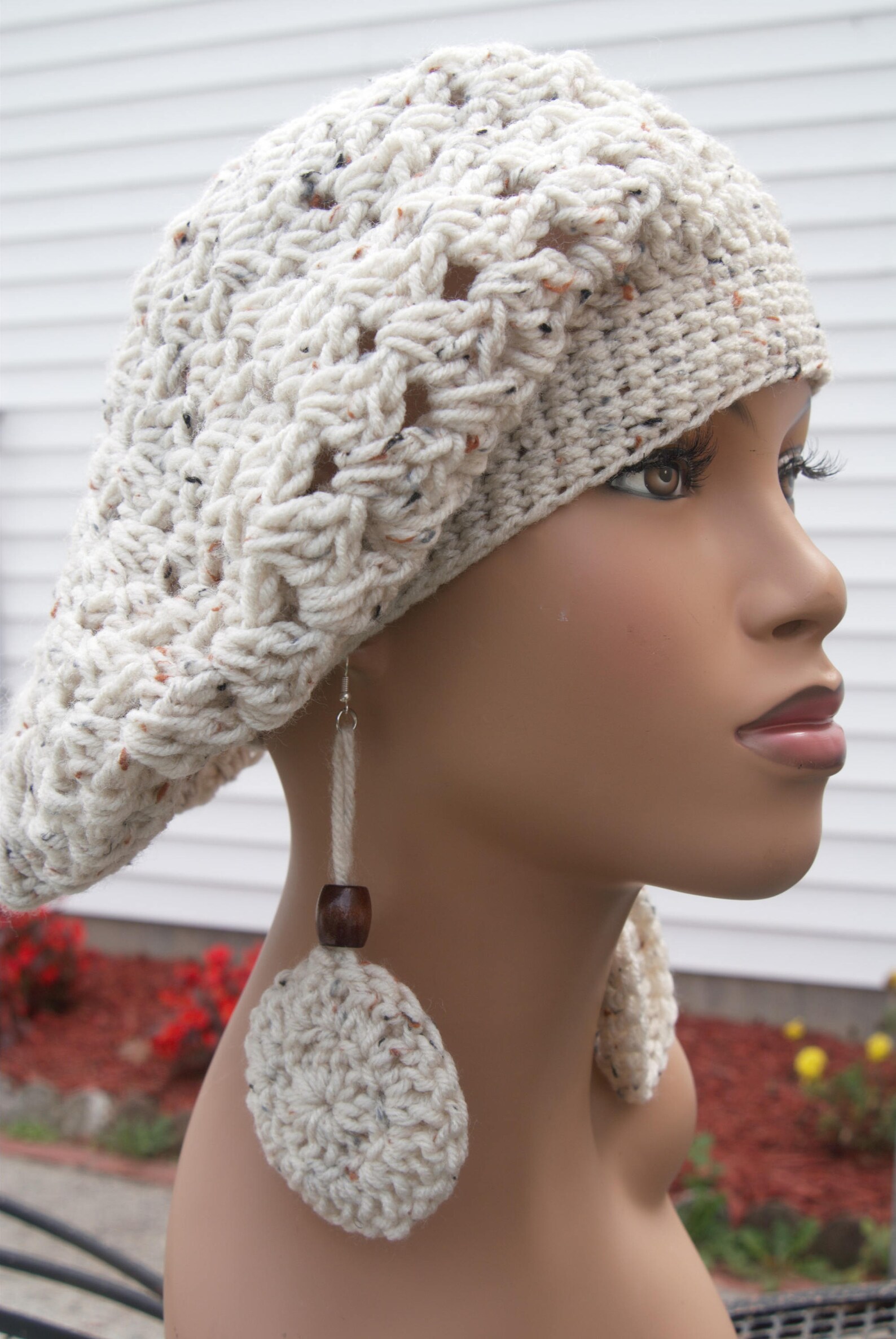 Crochet Tam With Matching Earrings Oatmeal Made to Order - Etsy