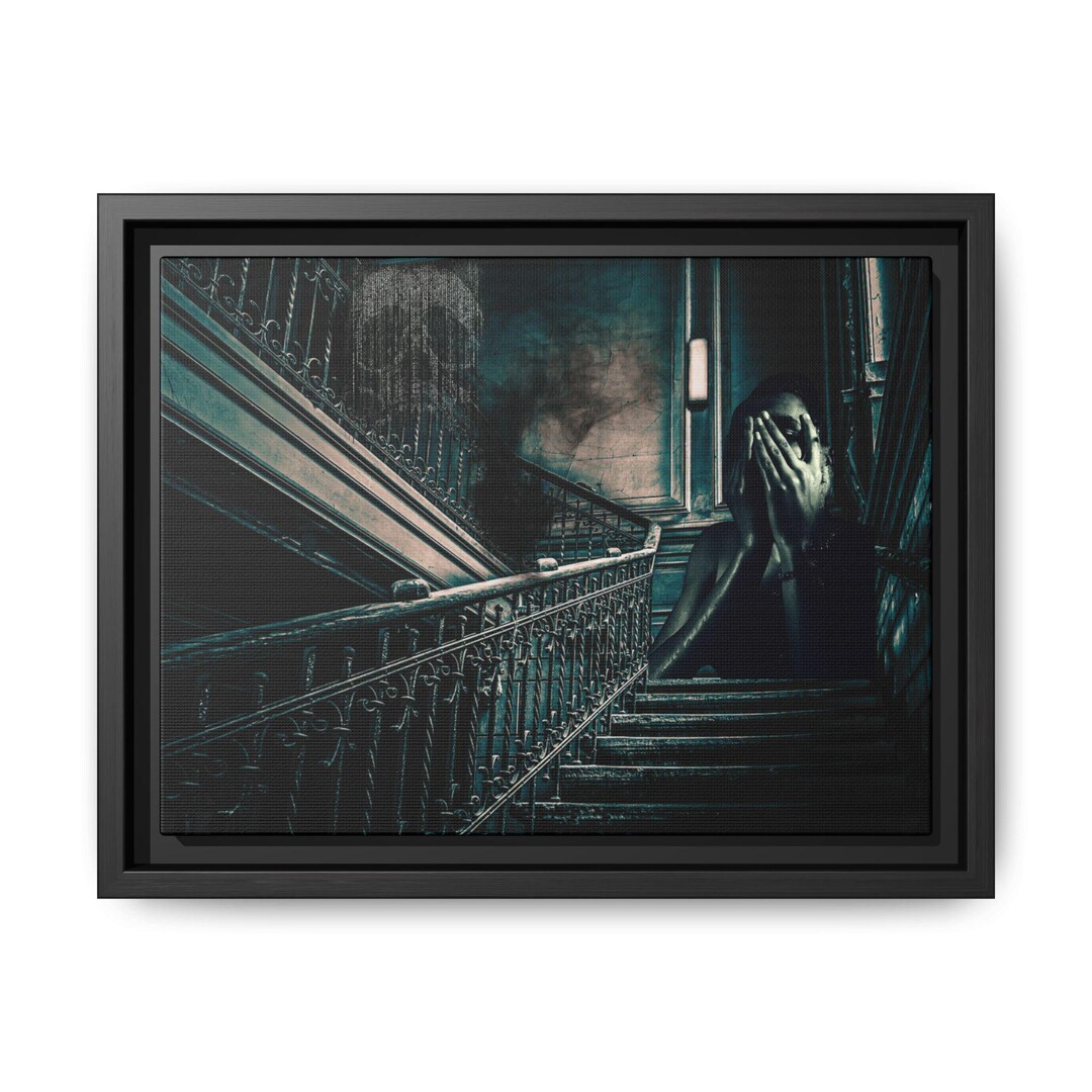 Haunted Ghost Staircase With Weeping Figure Matte Print Canvas Framed ...
