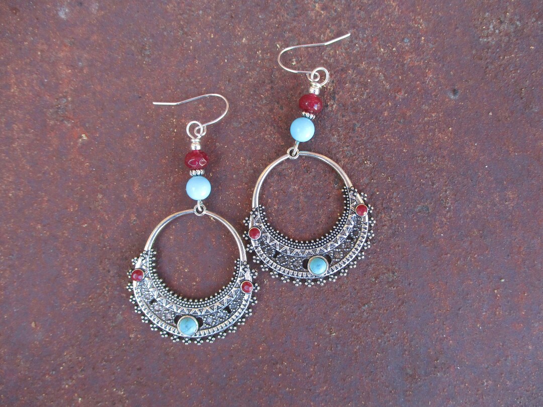 Tribal Boho Ornate Hoop Filigree Earrings With Turquoise and Dark Red Beads on Ruby Jade and ...