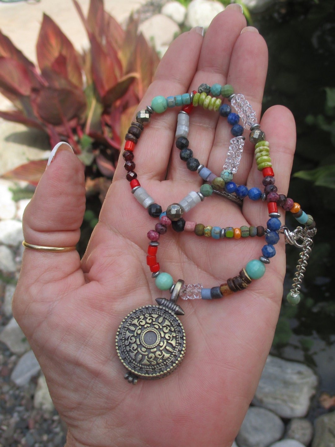 Stunning Multi Gemstone Prayer Box Necklace - Boho Necklace - Bohemian ...