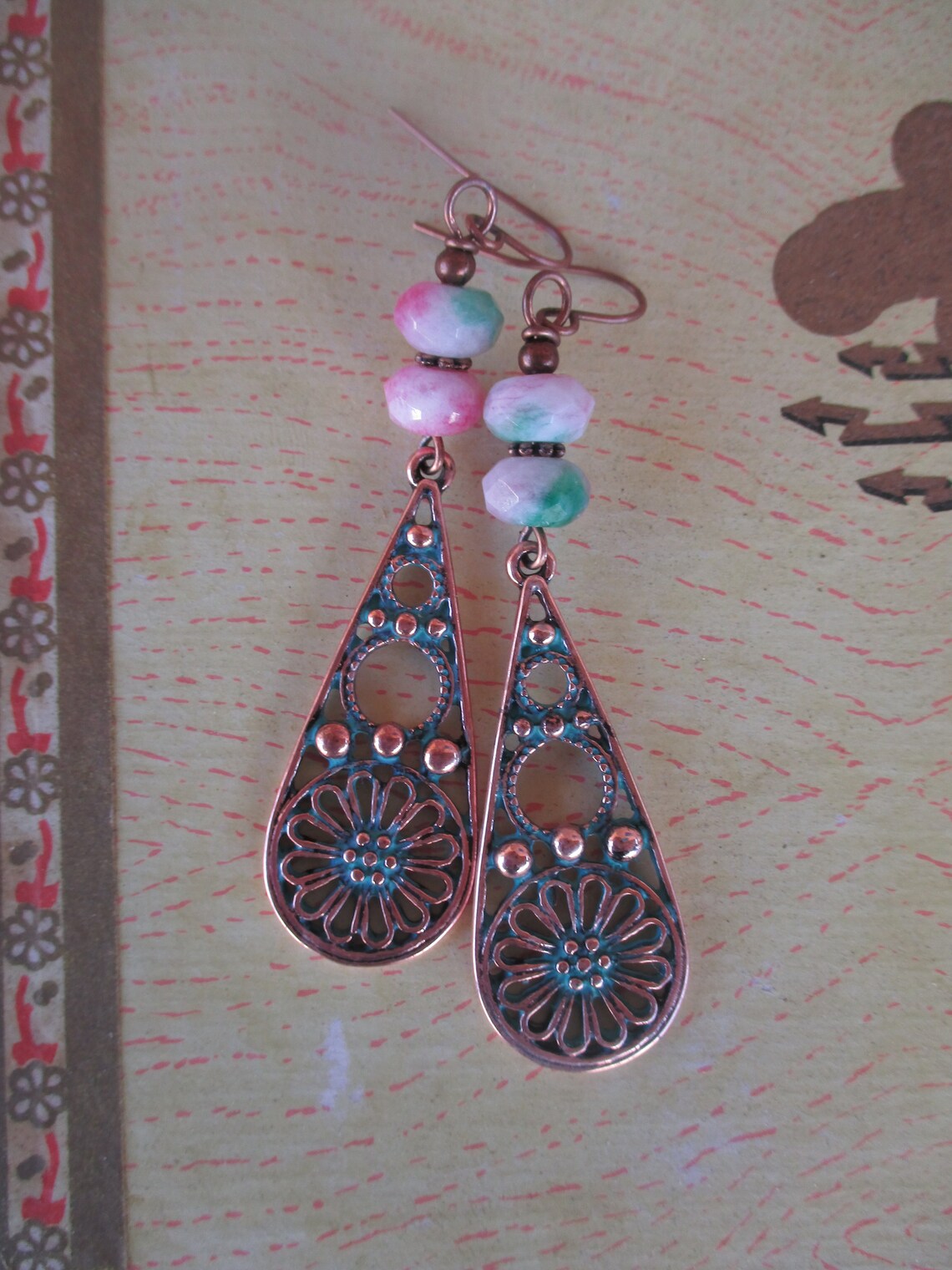 Copper Verdigris Finish Teardrop Flower Design Boho Earrings, Candy ...
