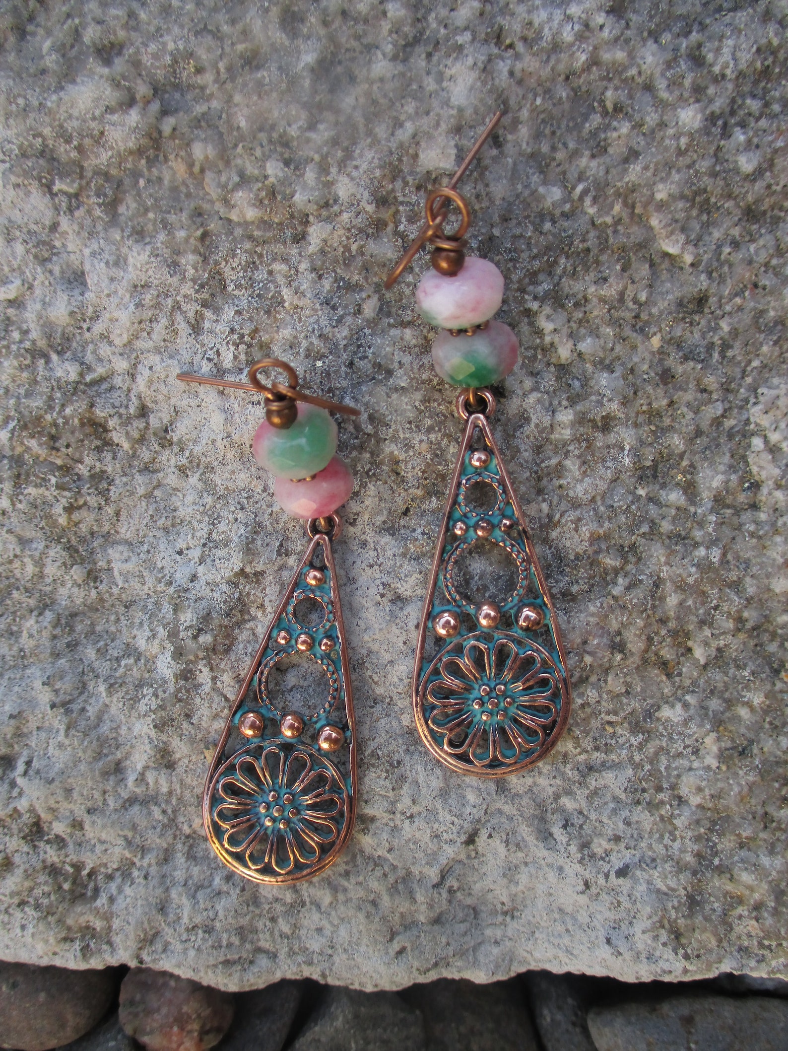 Copper Verdigris Finish Teardrop Flower Design Boho Earrings, Candy ...