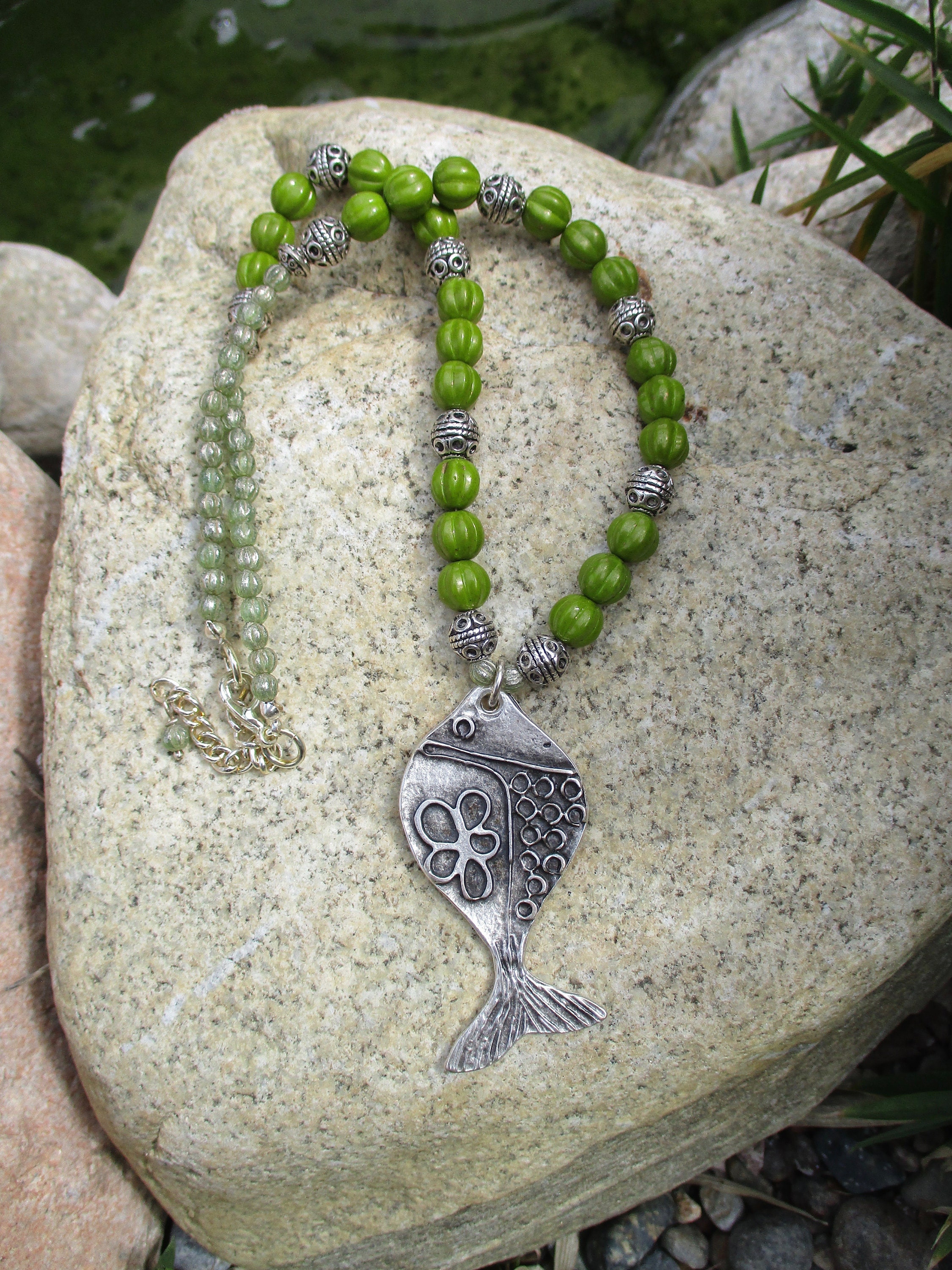 Fish Necklace - Embellished Fish Pendant Necklace - Green Czech Beaded ...
