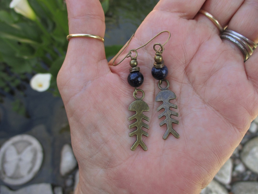 Fish Bone Earrings - Blue Sunstone and Fish Charm Earrings - Hippie ...