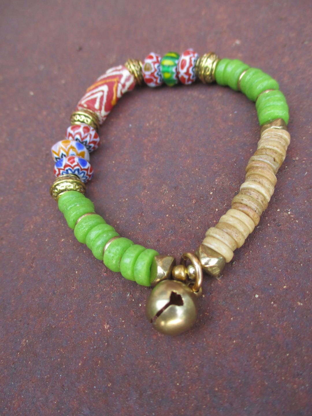 Ethnic Bracelet - Green Java Glass Beads - Bone Rondelles - Nepal ...