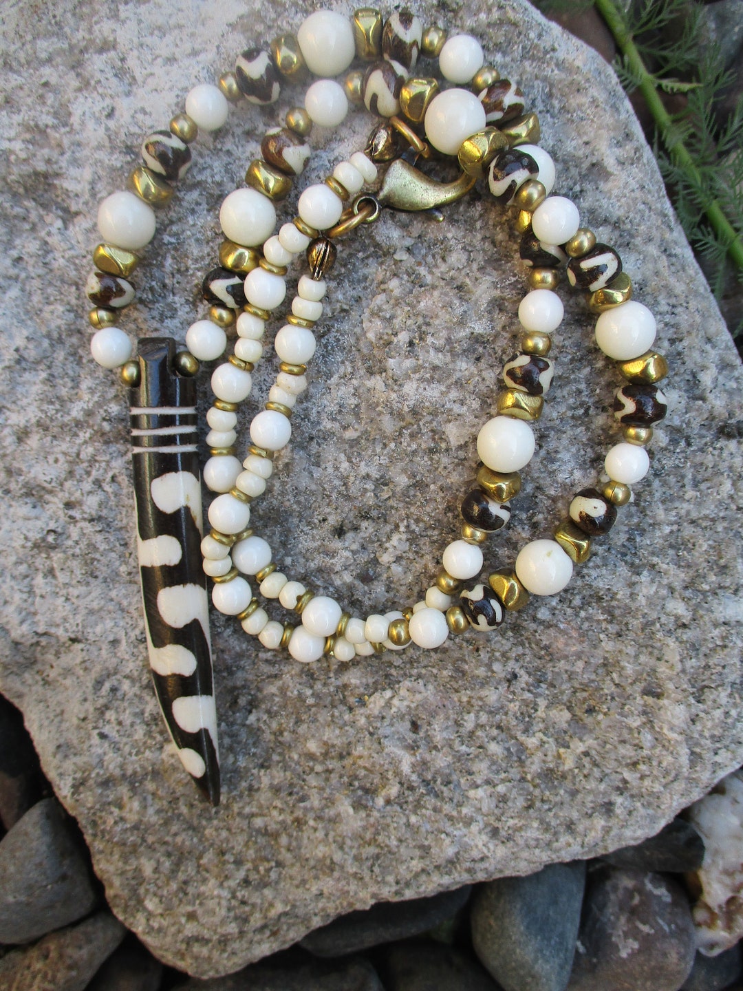 African Batik Bone Necklace -boho Hippie Bone Necklace - Unisex Bone ...