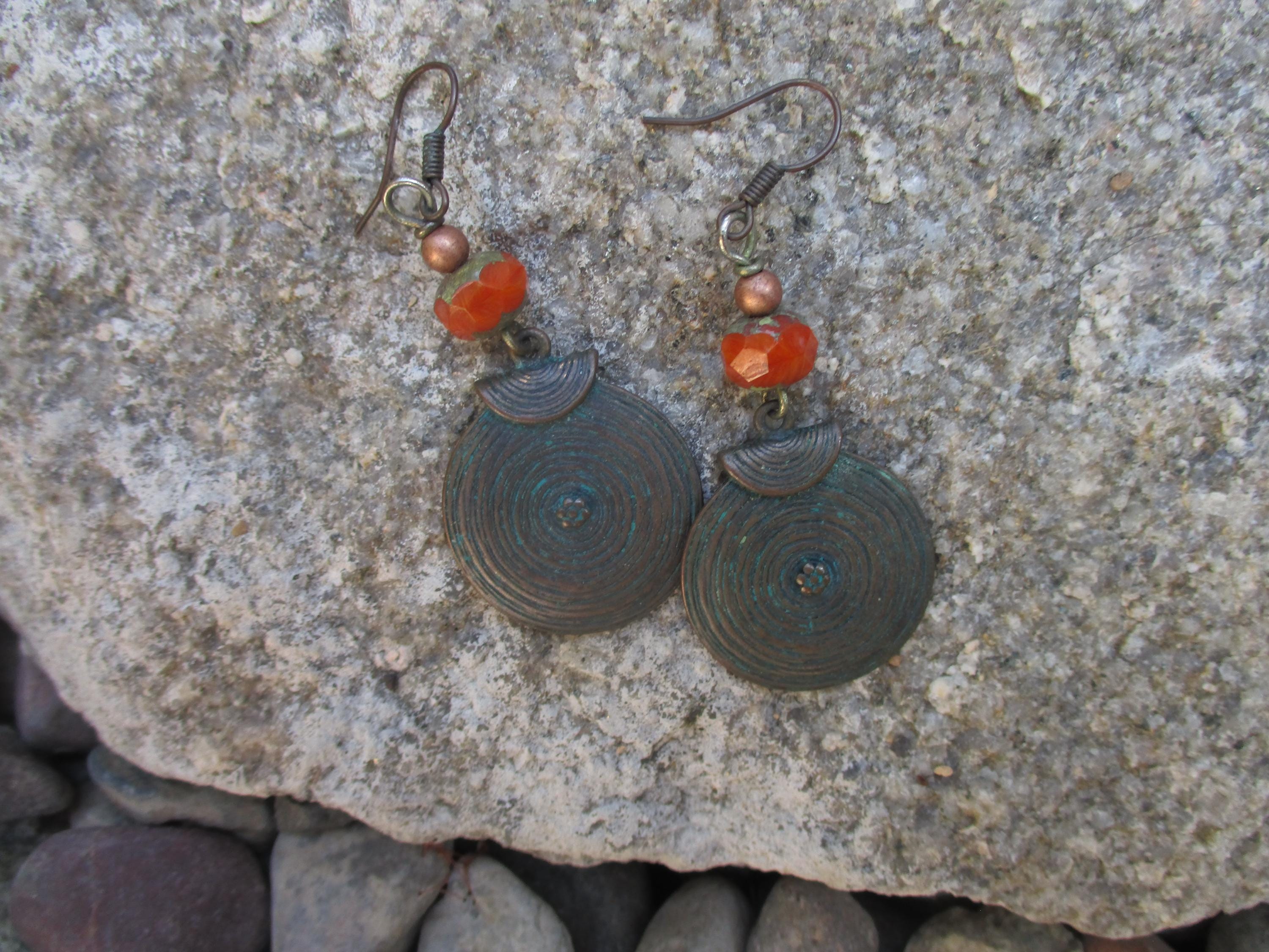 Antique Copper Verdigris Round Shield Charm Earrings -boho Earrings ...