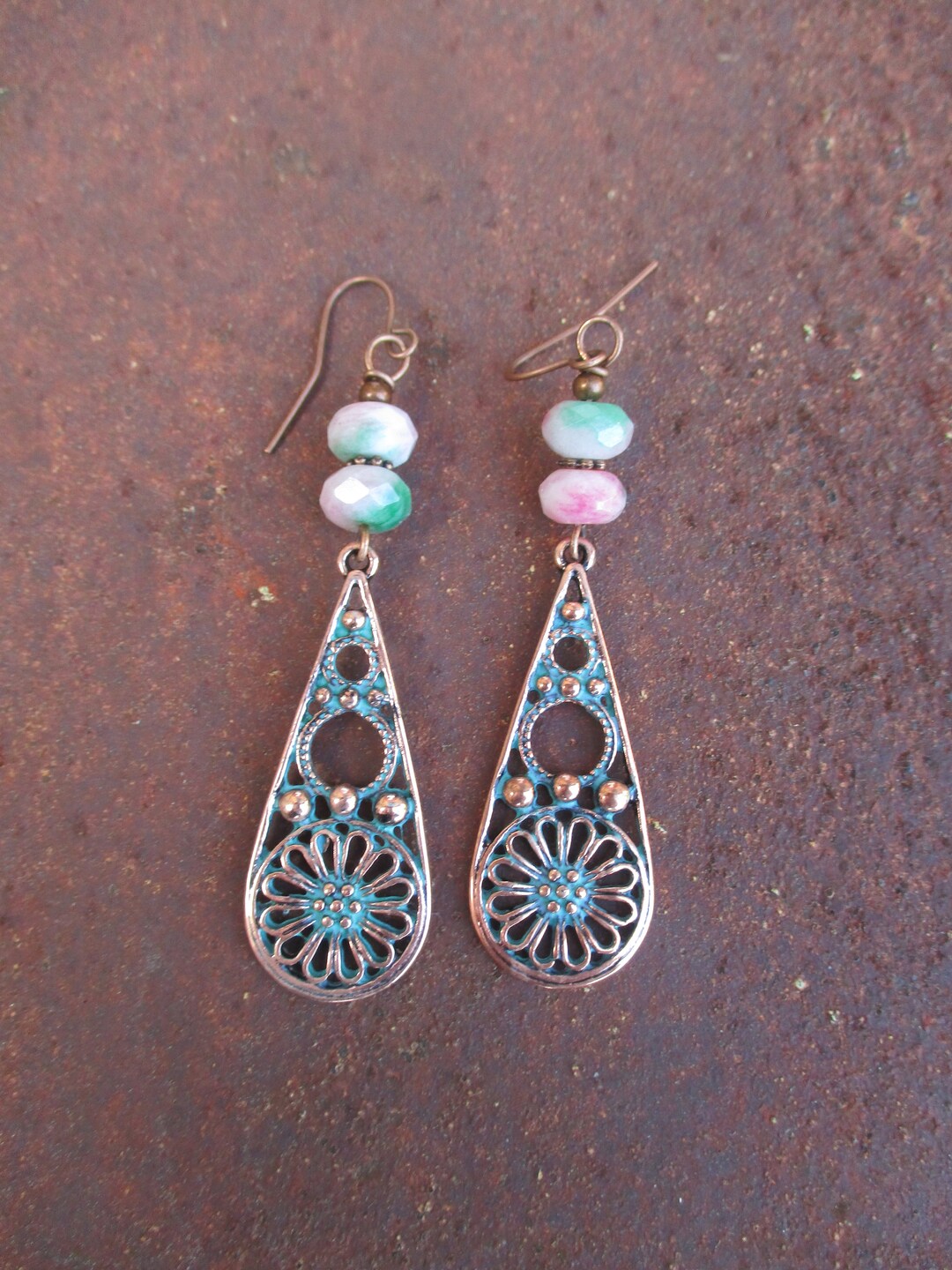 Copper Verdigris Finish Teardrop Flower Design Boho Earrings, Candy ...