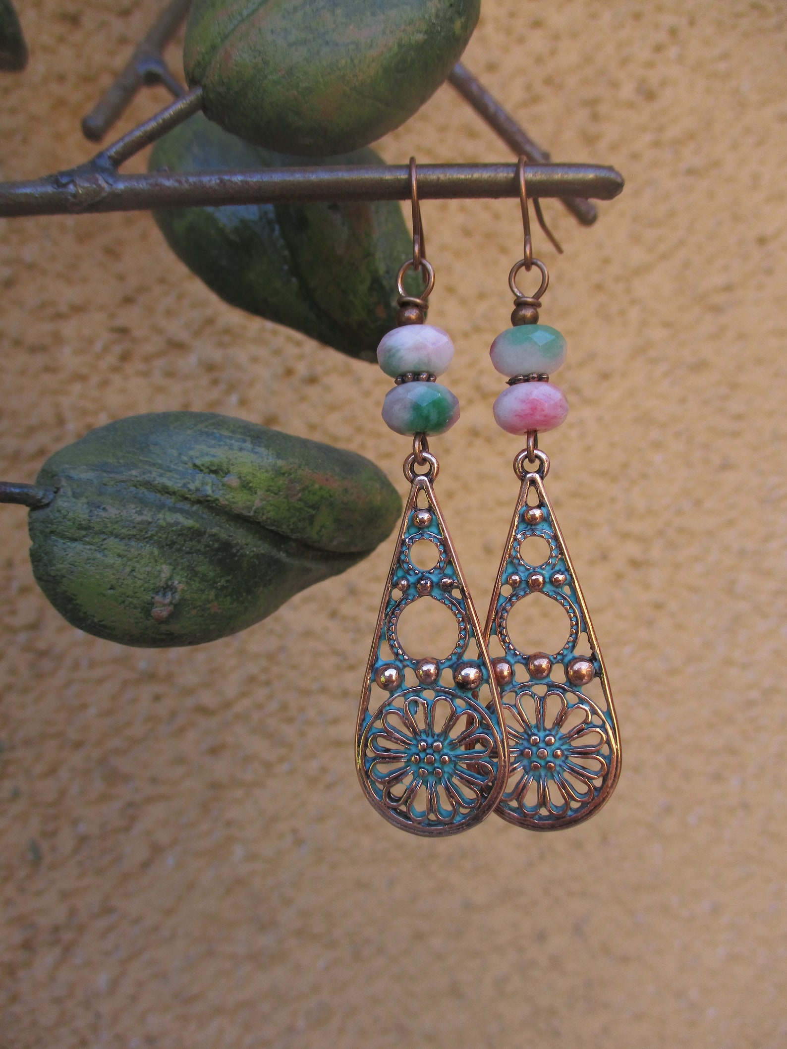 Copper Verdigris Finish Teardrop Flower Design Boho Earrings, Candy ...