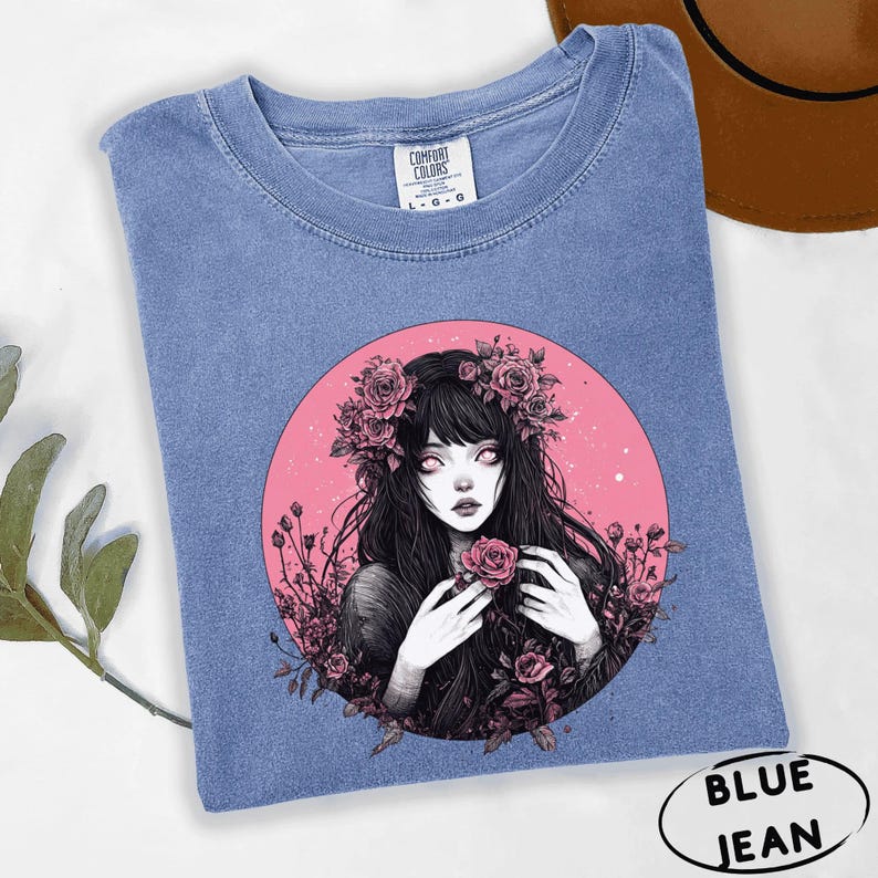 Gothic Rose Girl T-shirt, Dark Fantasy Floral Portrait Tee, Ethereal ...