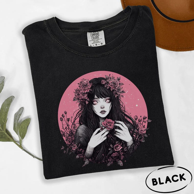 Gothic Rose Girl T-shirt, Dark Fantasy Floral Portrait Tee, Ethereal ...