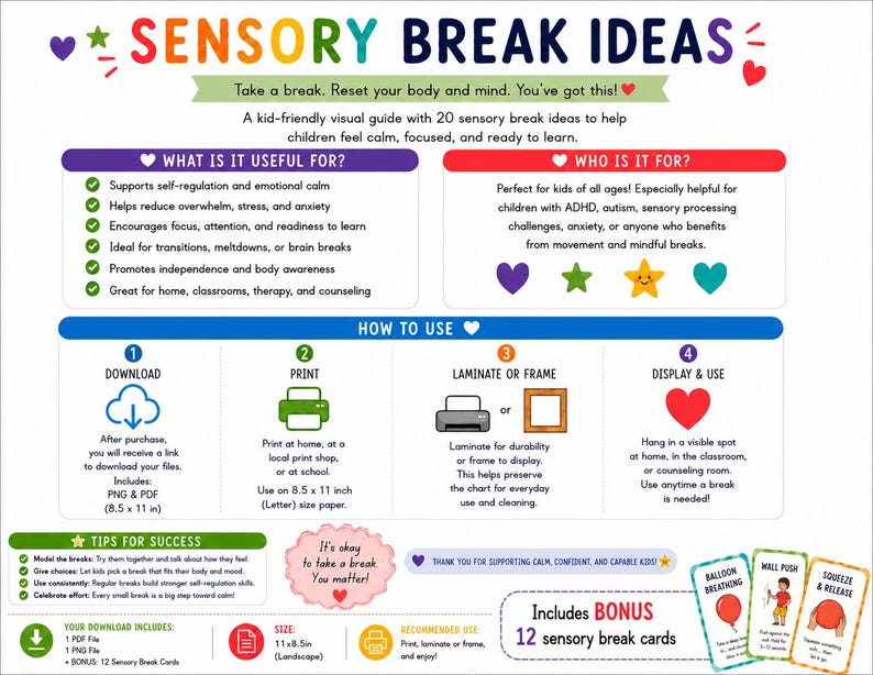 Sensory Break Ideas Poster for Kids, Calm Down Corner Printable, ADHD ...