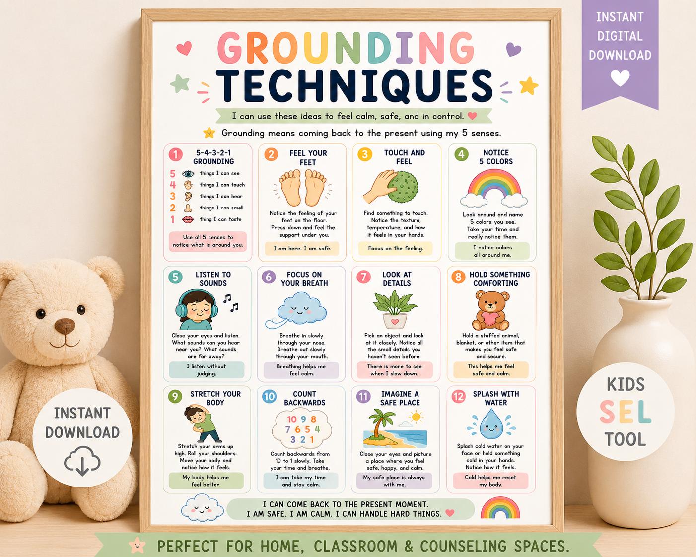 Grounding Techniques Chart for Kids Printable, Calm Down Corner Poster ...