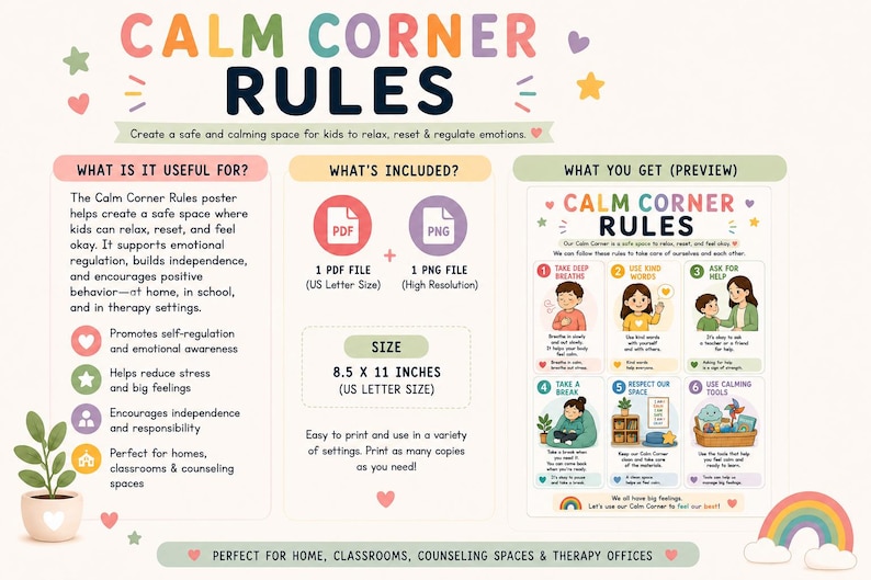 Calm Corner Rules Poster for Kids Classroom Printable SEL Calm Down ...
