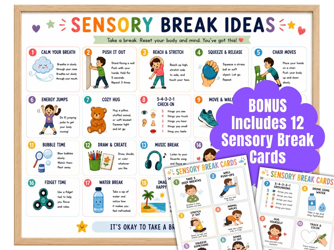 Sensory Break Ideas Poster for Kids, Calm Down Corner Printable, ADHD ...