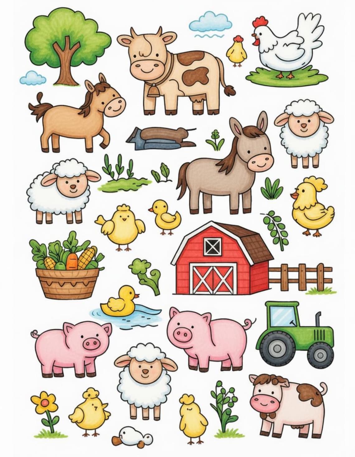 Farm Animals Coloring Page for Toddlers: Tractor, Barn, Doodles (PDF ...