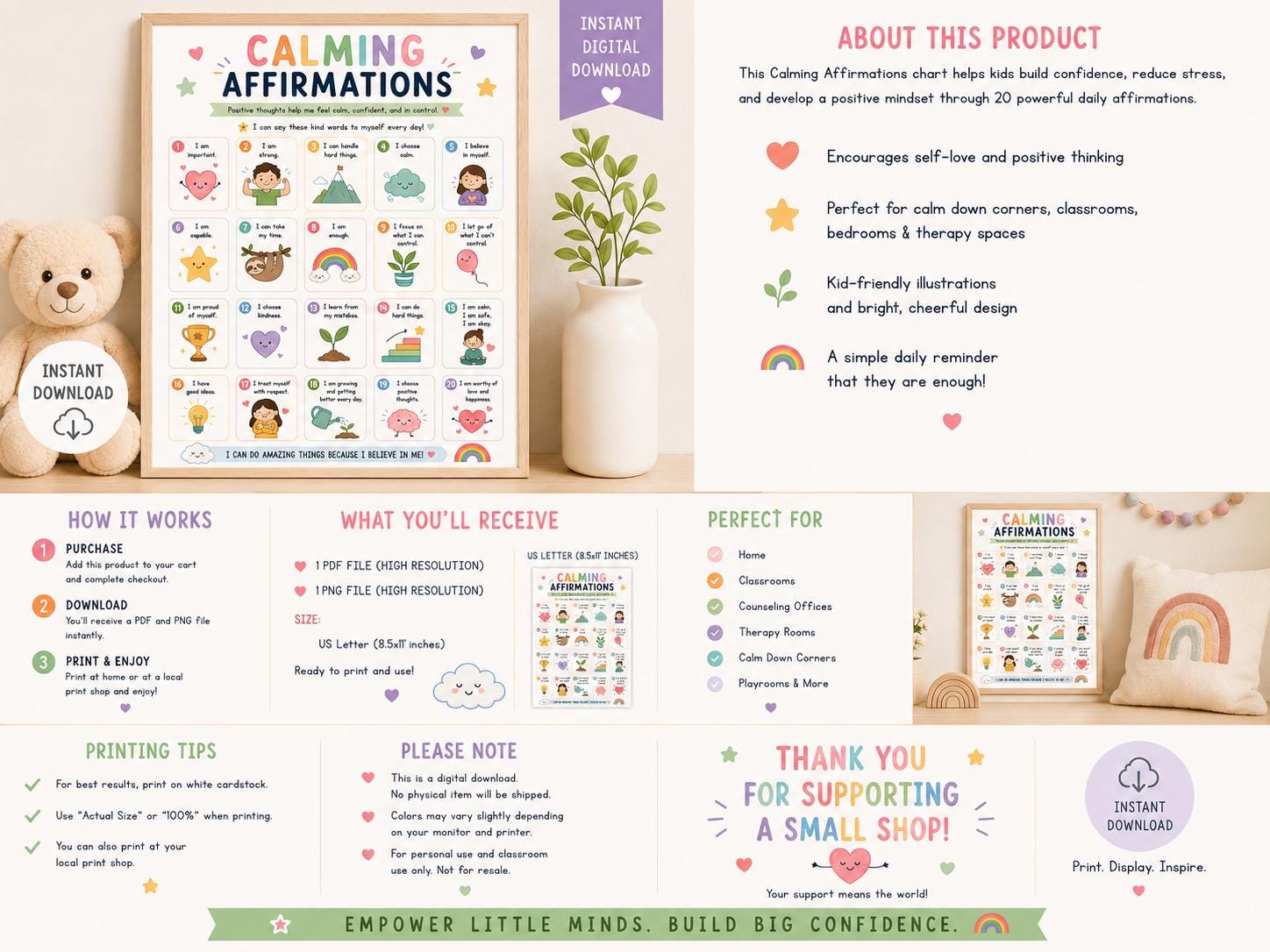Calming Affirmations Chart for Kids Printable, Positive Affirmation ...