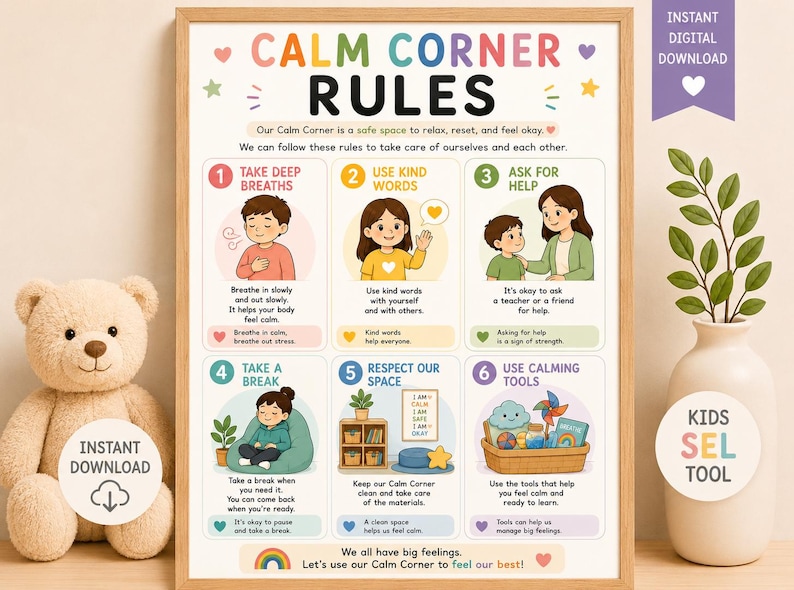 Calm Corner Rules Poster for Kids Classroom Printable SEL Calm Down ...