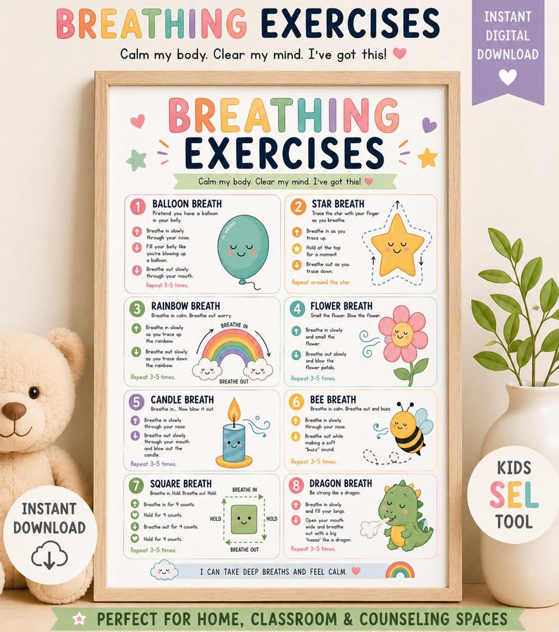 Breathing Exercises for Kids Printable, Calm Down Corner Poster, Kids ...