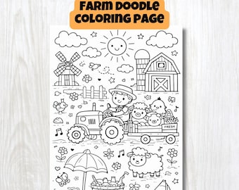 Farm Animals Doodle Coloring Page for Toddlers: Tractor, Barn, Doodles ...