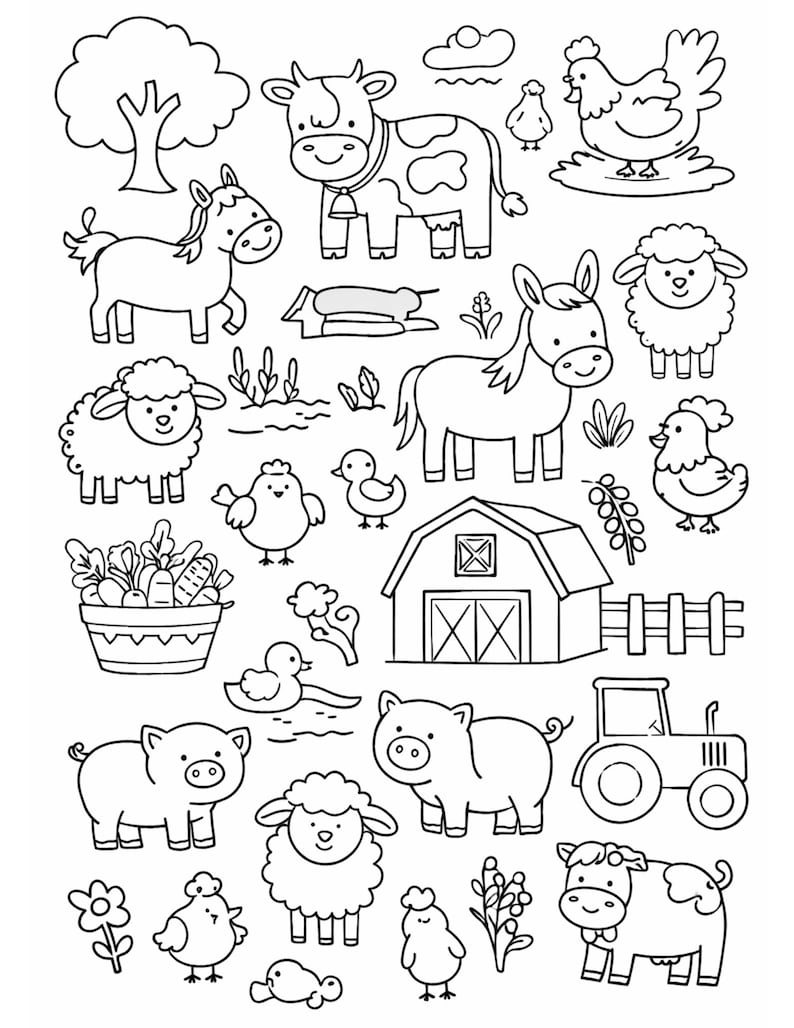 Farm Animals Coloring Page for Toddlers: Tractor, Barn, Doodles (PDF ...