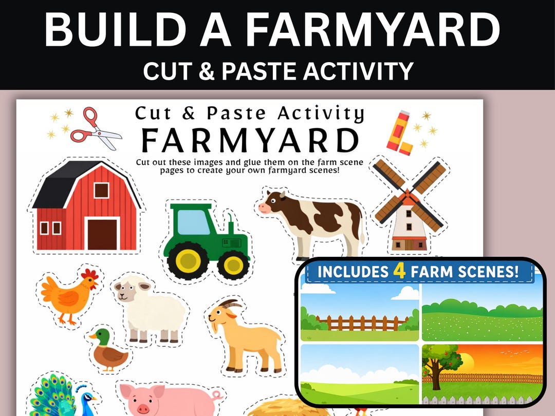 Farm Cut and Paste Activity for Kids, Build a Farmyard Craft Printable ...