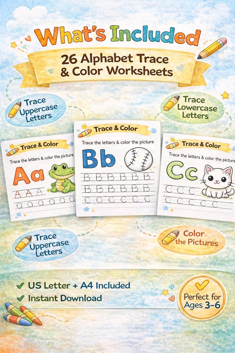 ABC Trace and Color Worksheets | Alphabet Letter Practice A-Z (digital ...