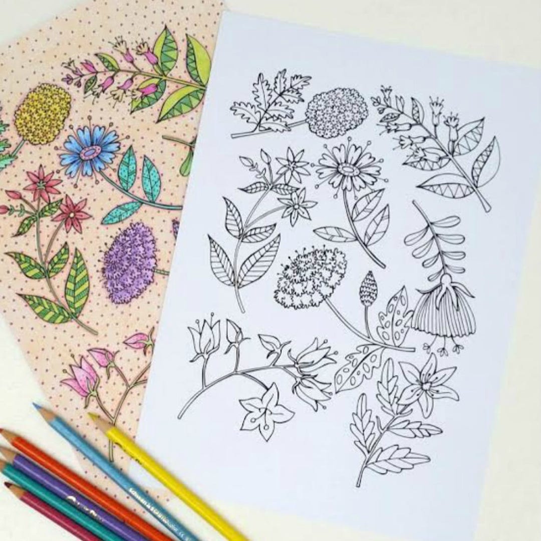 Floral Coloring Page: Hand Drawn Botanical Art (instant Download) - Etsy