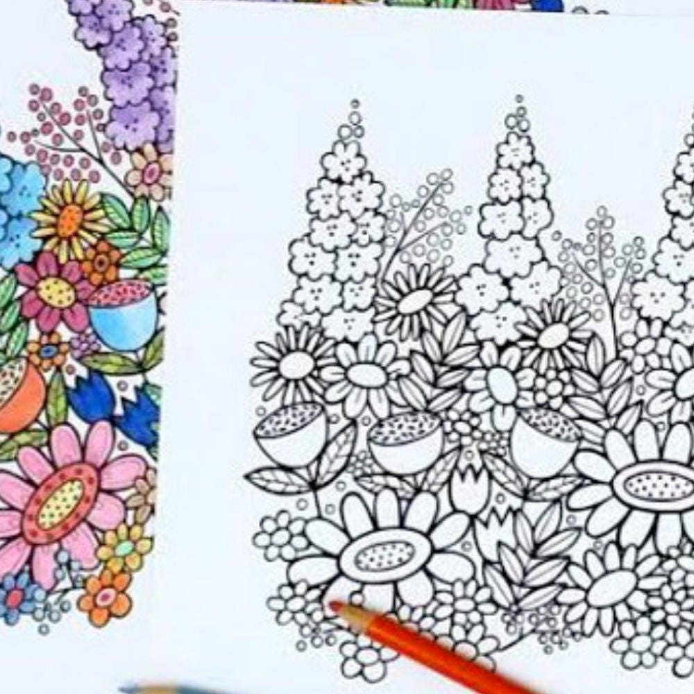 Flower Border Adult Coloring Book Page, DIY Printable, Hand Drawn ...