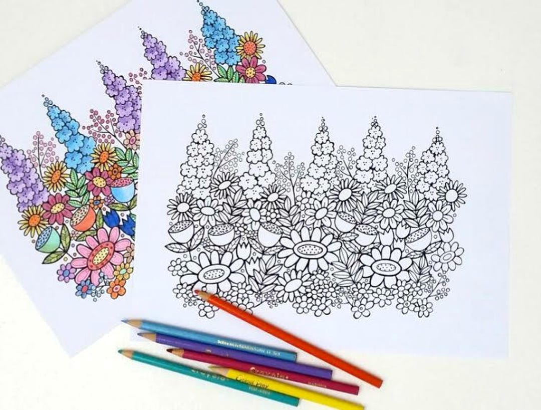 Flower Border Adult Coloring Book Page, DIY Printable, Hand Drawn ...