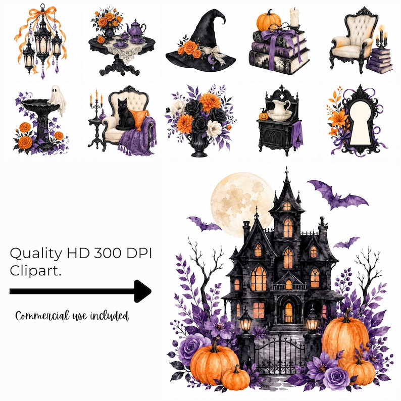 Haunted Manor Halloween Clipart Bundle Gothic Watercolor PNG Witchy ...