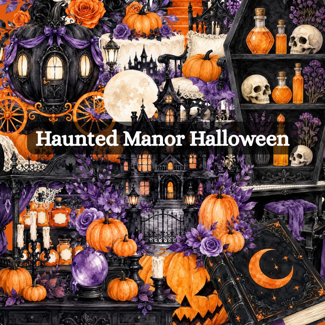 Haunted Manor Halloween Clipart Bundle Gothic Watercolor PNG Witchy ...