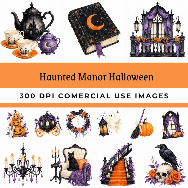 Haunted Manor Halloween Clipart Bundle Gothic Watercolor PNG Witchy ...